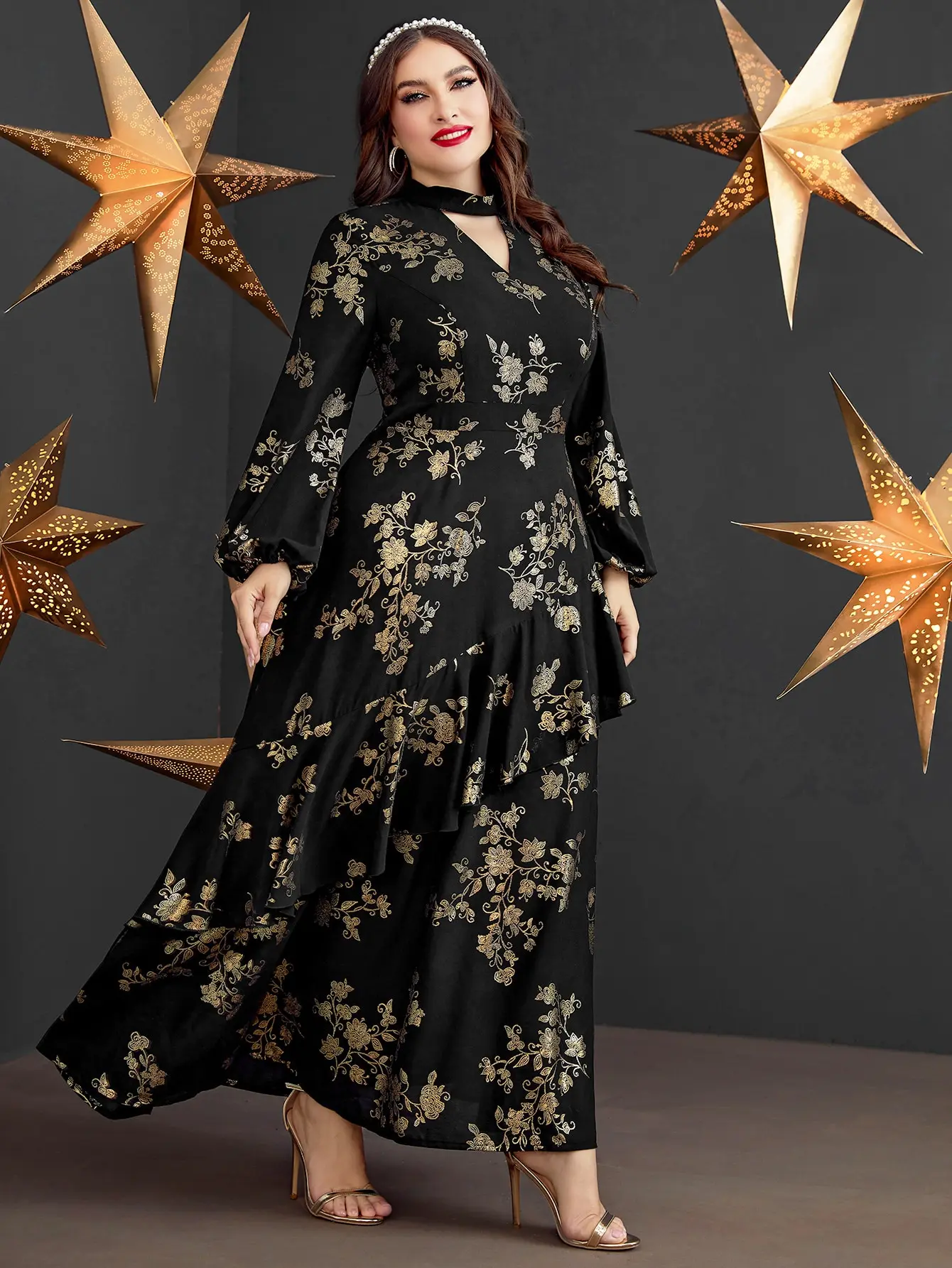 Toleen Luxury Plus Size Muslim Women Elegant Dress Black Golden Floral ...