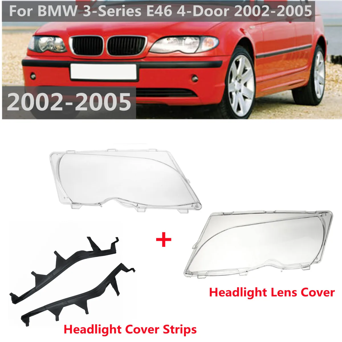 Car Front Headlight Lens Cover + Headlight Cover Strips For BMW E46 ...