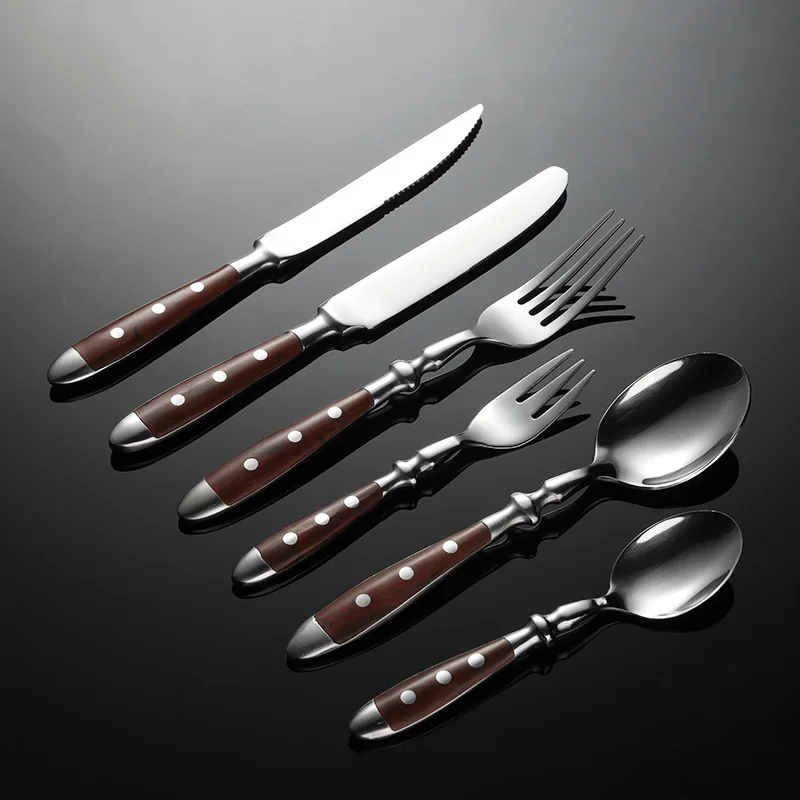 Western-Brown-430-Stainless-Steel-Cutlery-Set-Rivet-Wooden-Handle-Steak ...
