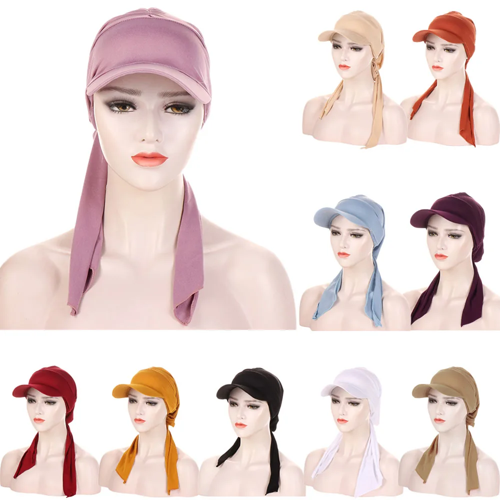 Women-Bandana-Brim-Cap-Sun-Visor-with-Pre-Tied-Turban-Caps-Head-Scarf ...