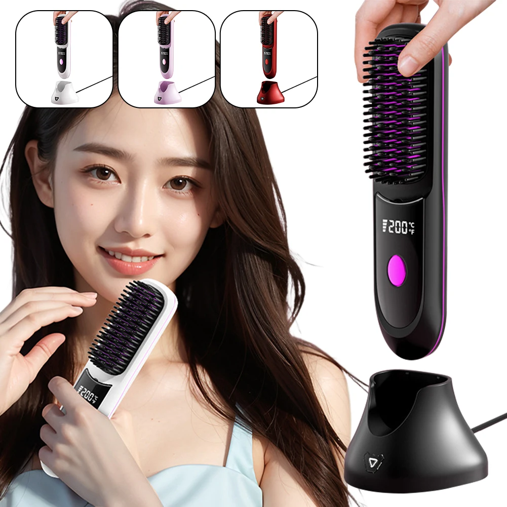 Cordless Ceramic Heated Hot Brush Rechargeable Travel Hair Straightener ...