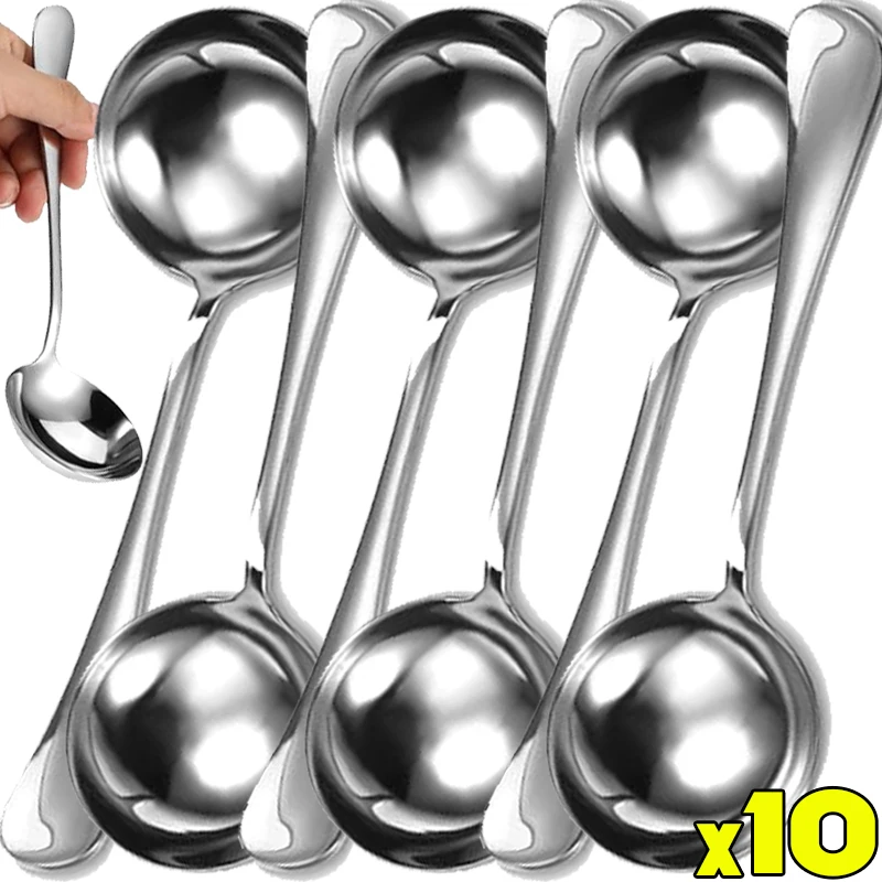 1/10PCS Round Head Soup Spoon Stainless Steel Long Handle Stirring ...