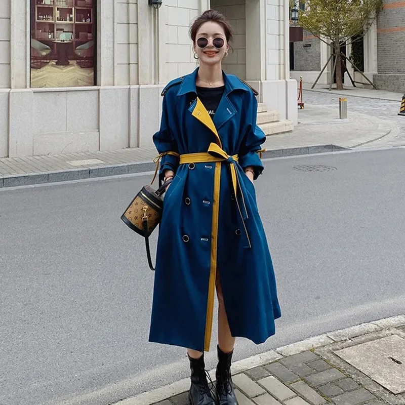 British-Style-Mid-Length-Contrast-Color-Trench-Coat-Double-breasted ...