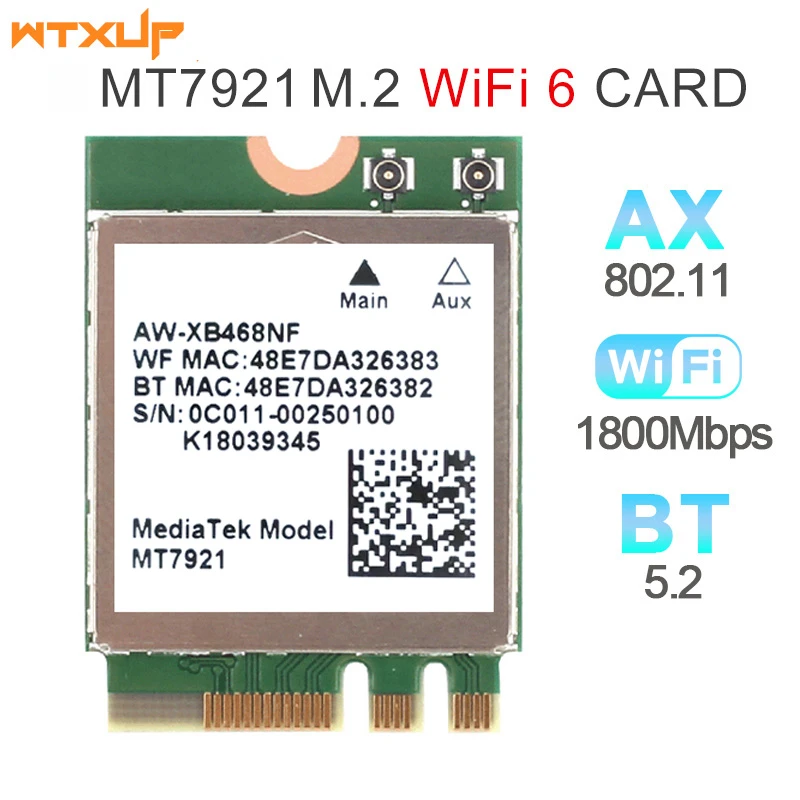 MediaTek tarjeta de red inalámbrica MT7921k MT7921, wifi 6, 1800M, Bluetooth 5,2, NGFF m.2 ...