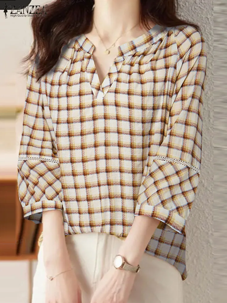 ZANZEA-blusas-a-cuadros-con-cuello-en-V-para-mujer-Tops-informales-de ...