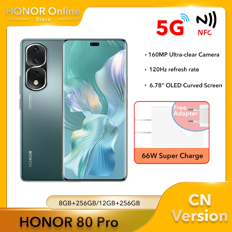 HONOR 80 Pro 5G Smartphone 160MP Ultra-HD Main Camera Snapdragon 8+ 6.78" Curved OLED Display ...