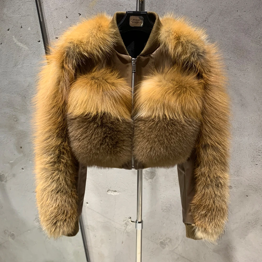 Red Fox Fur Bomber Ladies New Fashion Jacket Genuine Sheep Leather With ...