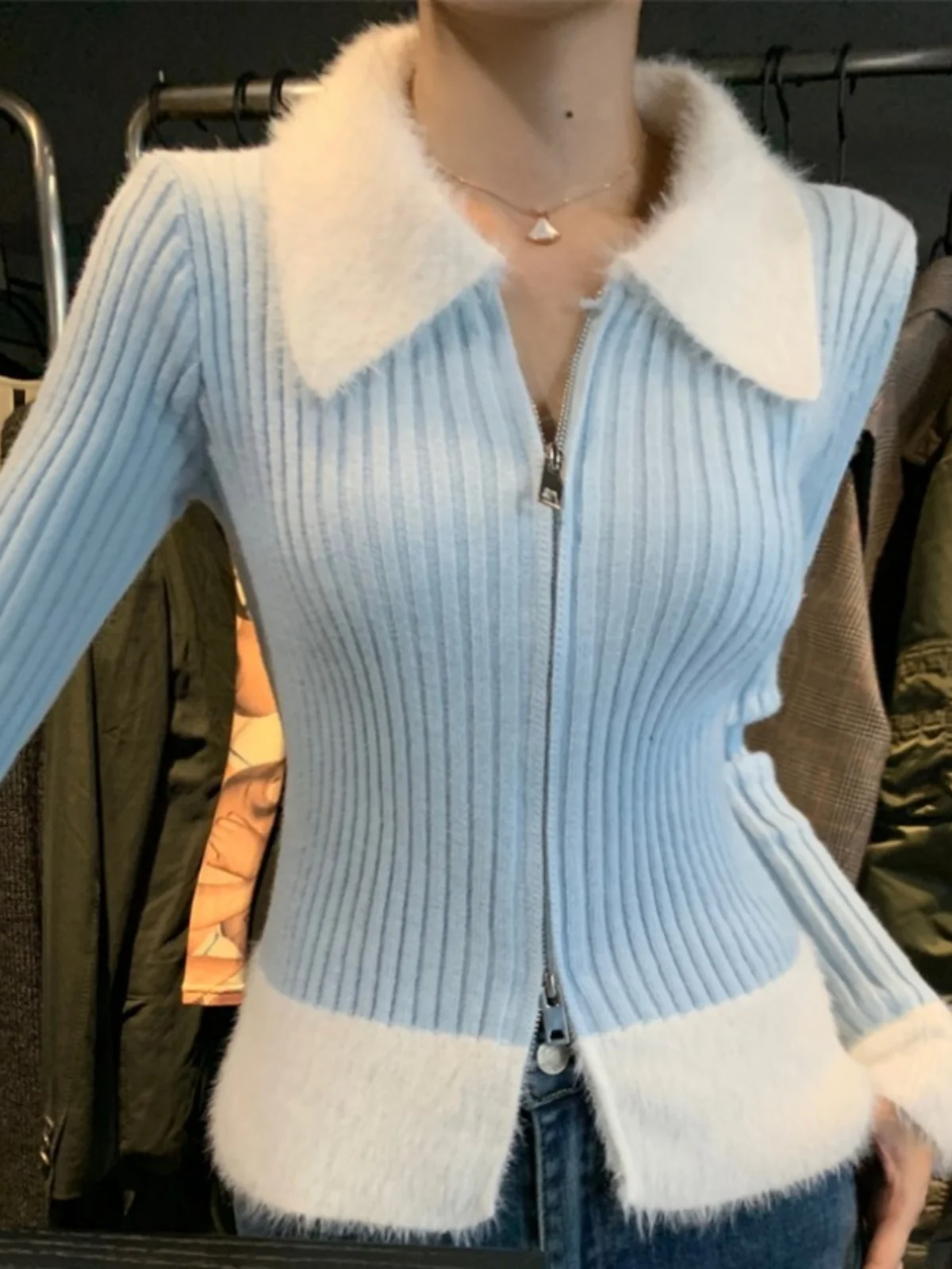 Pink Blue Spliced Bottom Double Zipper Sweater For Women Autumn Winter ...