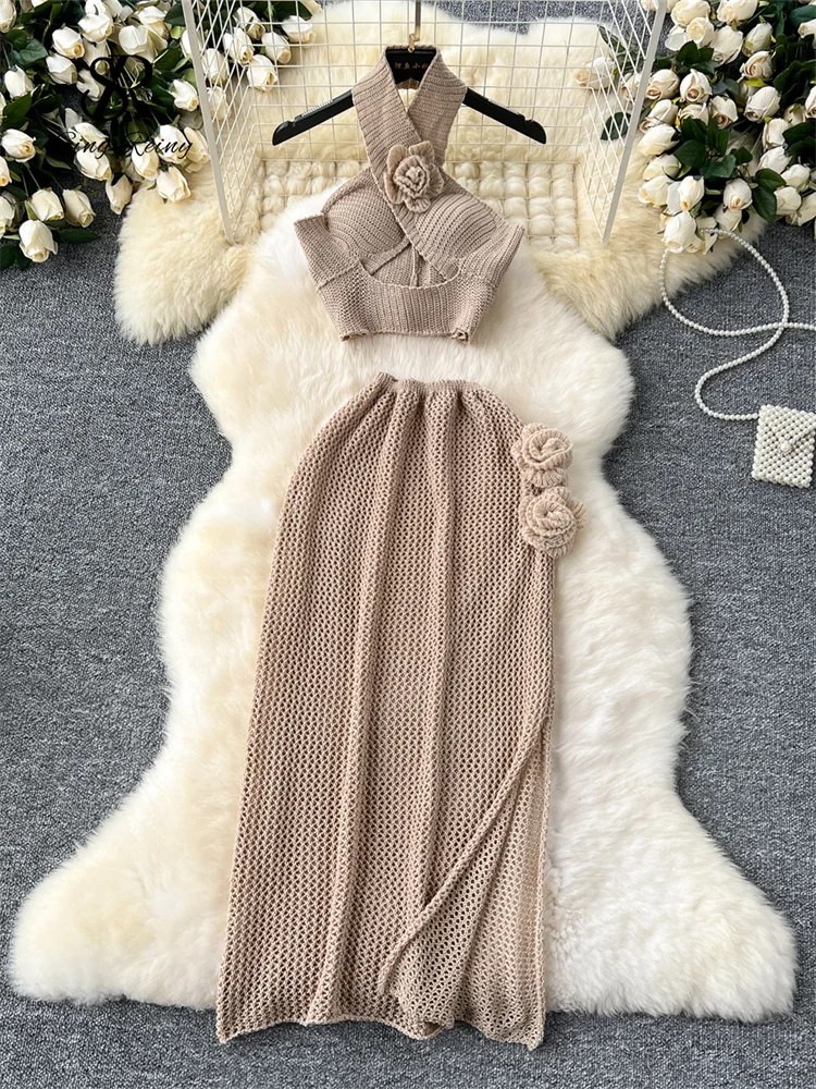 Singreiny 2024 Summer 3d Knit Suits Halter Hollow Out Mini Tops Long