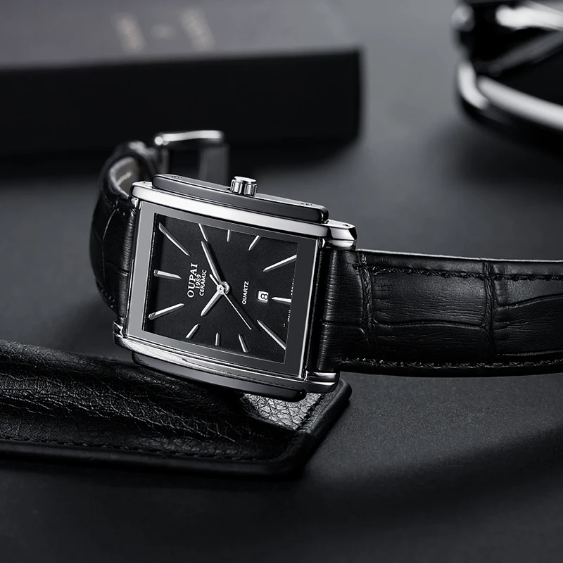 OUpai rectangular black ceramic between stainless steel dial, leather ...