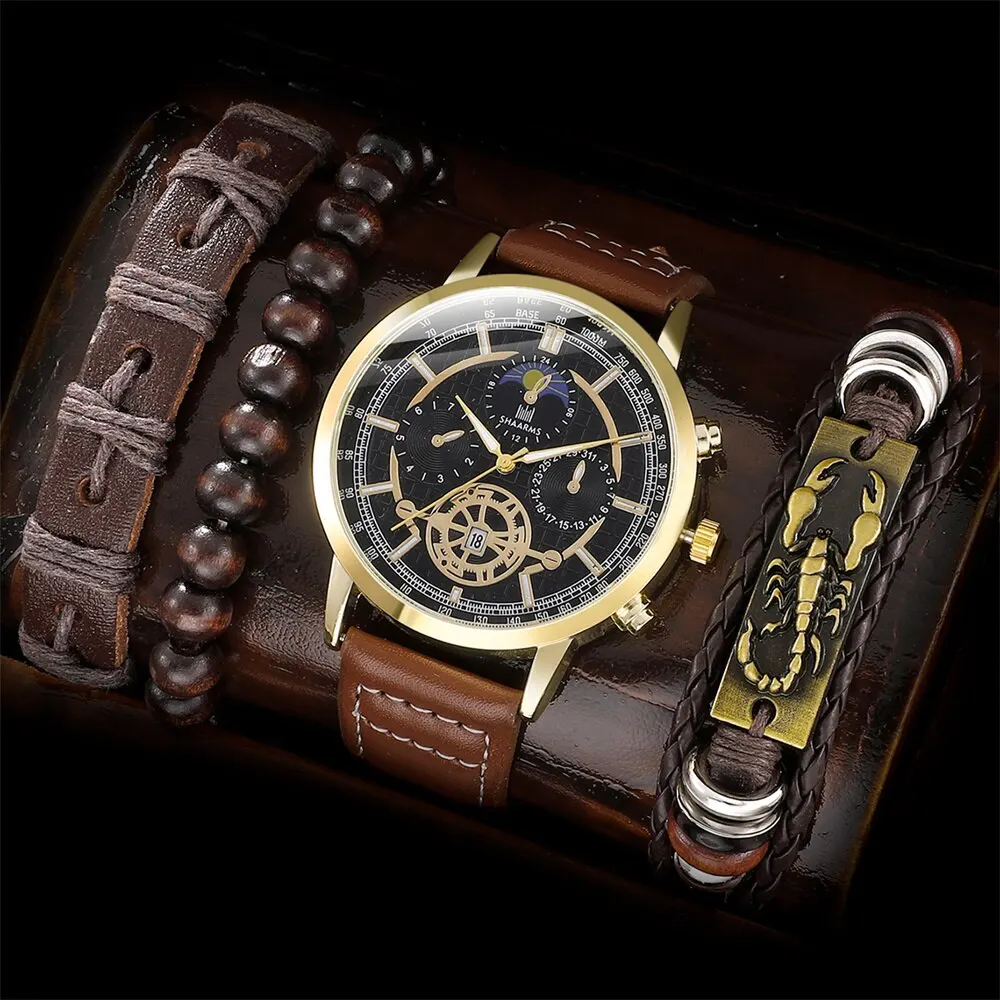 4PCS-Set-Men-Watch-Luxury-Bracelet-Set-Fashion-Business-Brown-Leather ...