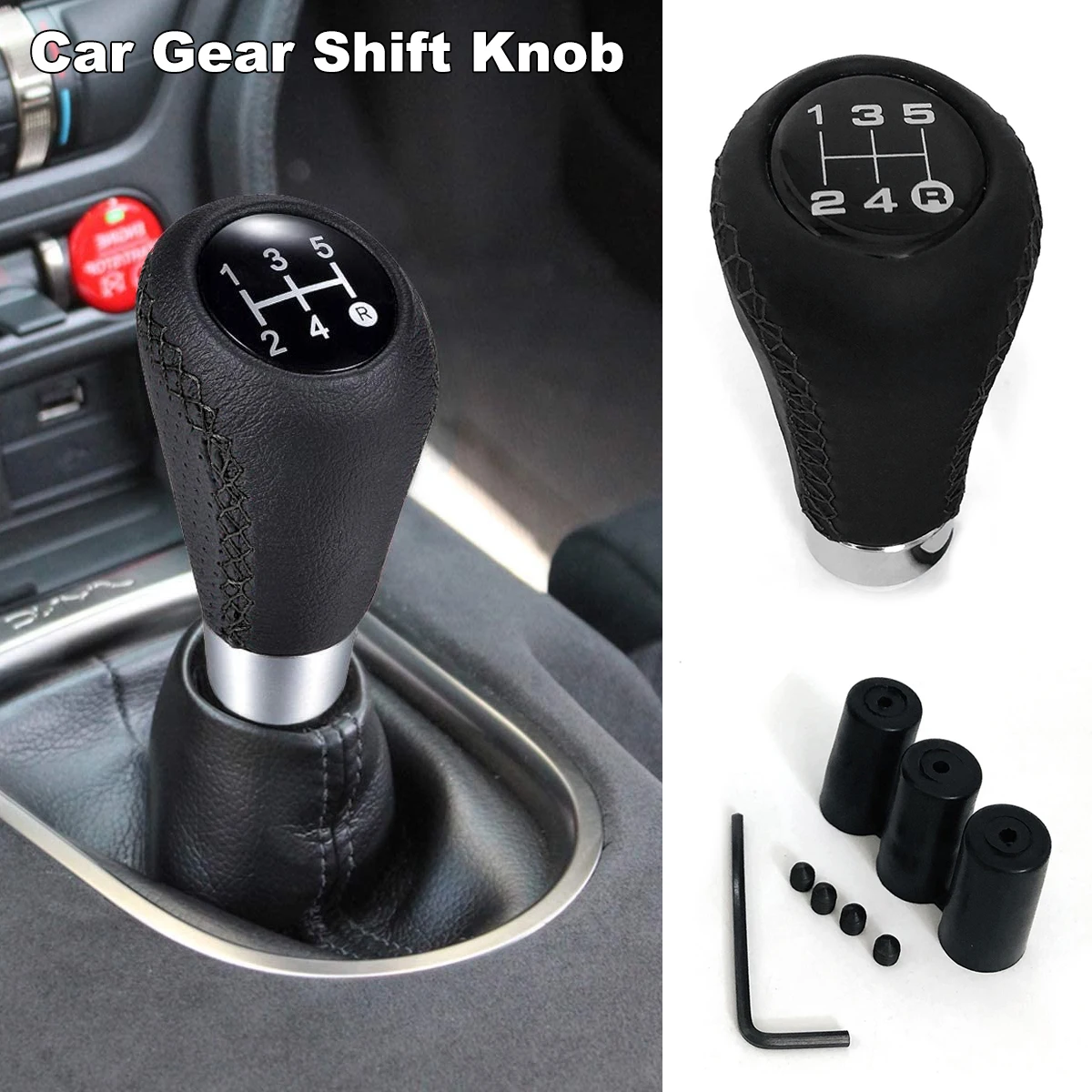 Car-Manual-Gear-Shift-Knob-Shifter-Black-Leather-Red-Stitch-5-Speed ...