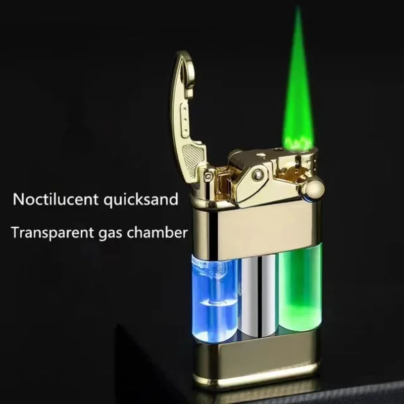 HOT Metal Rocker Arm Luminous Quicksand Windproof Butane Gas Lighter ...