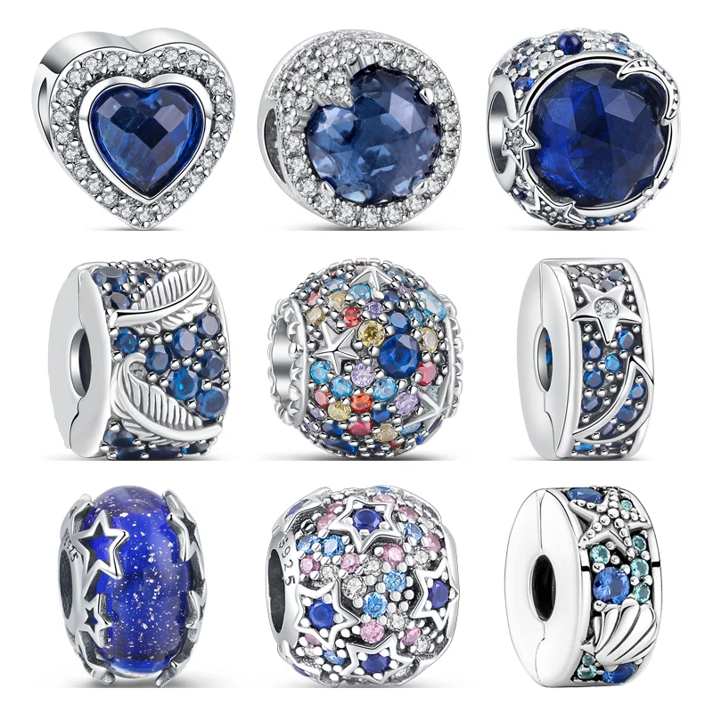 925 실버 블루 지르콘 곡선 깃털 별 달 불가사리 쉘 클립 하트 DIY 비즈 핏, 오리지널 판도라 참 팔찌 쥬얼리| | - AliExpress