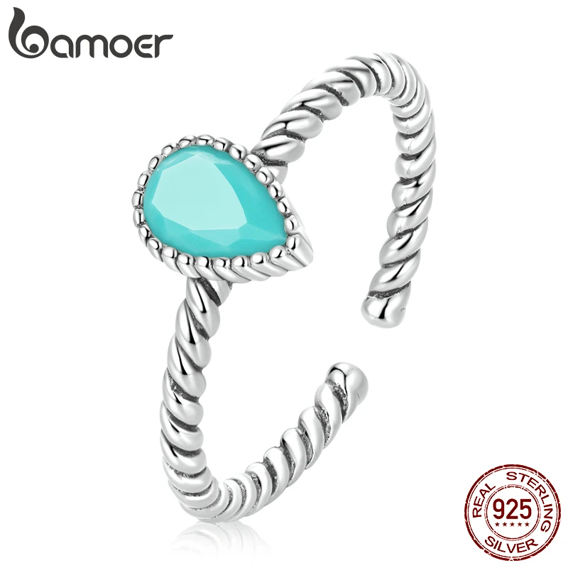 Bamoer 925 Sterling Silver Trendy Waterdrop Turquoise Open Size Ring ...