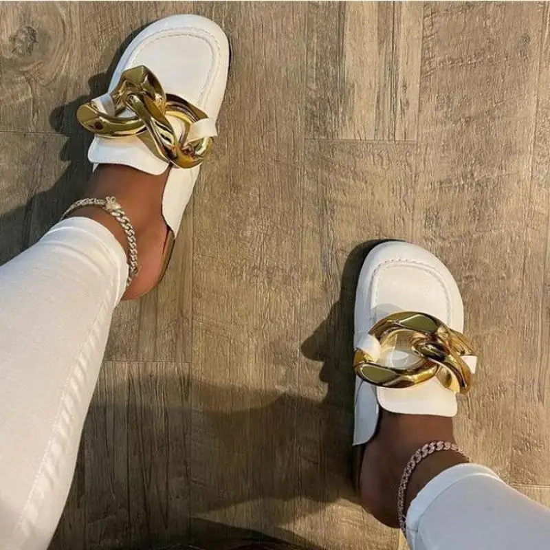 New Brand Design Gold Chain Women Slipper Closed Toe Slip On Mules ...