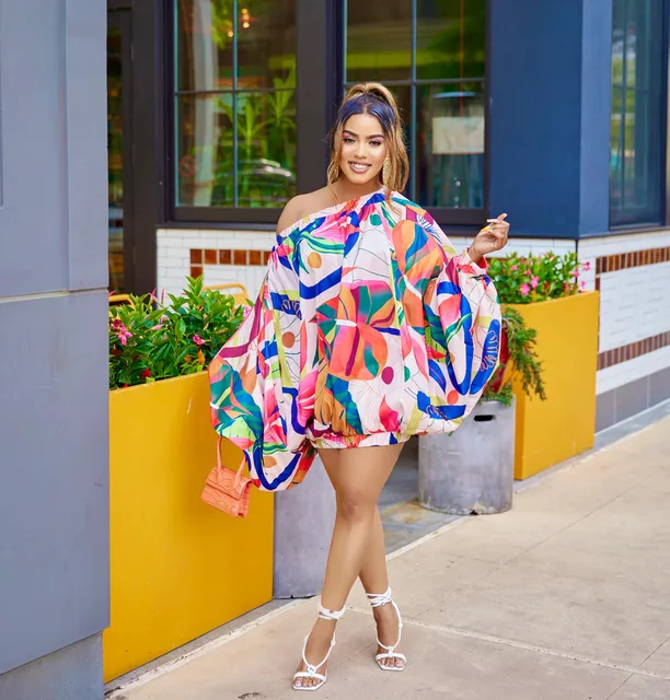 CM.YAYA Vintage Women Fashion Stretch Hem Off Shoulder Slash Neck Lantern Long Sleeve Printed ...