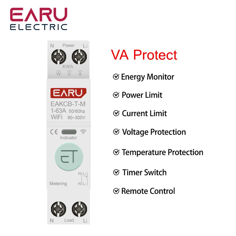 Earu EAKCB-T-M Tuya WiFi Smart Circuit Breaker MCB Timer 1P+N 63A Power Energy kWh Voltage ...