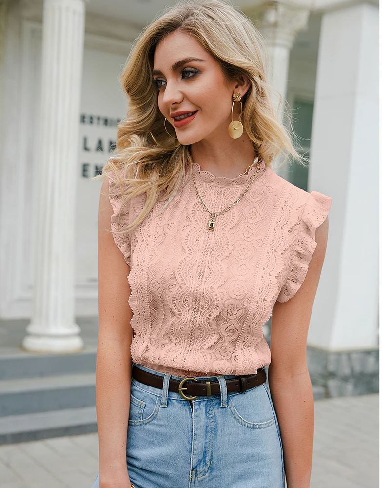 Simplee 우아한 화이트 레이스 스티치 민소매 탑 캐주얼 솔리드 O 넥 프릴 여름 여성 티셔츠 패션 오피스 레이디 짧은 탑