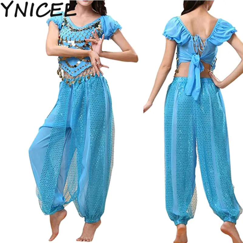 Womens Belly Dance Costume Set Sequin Tops with Harem Trousers Crop Top ...