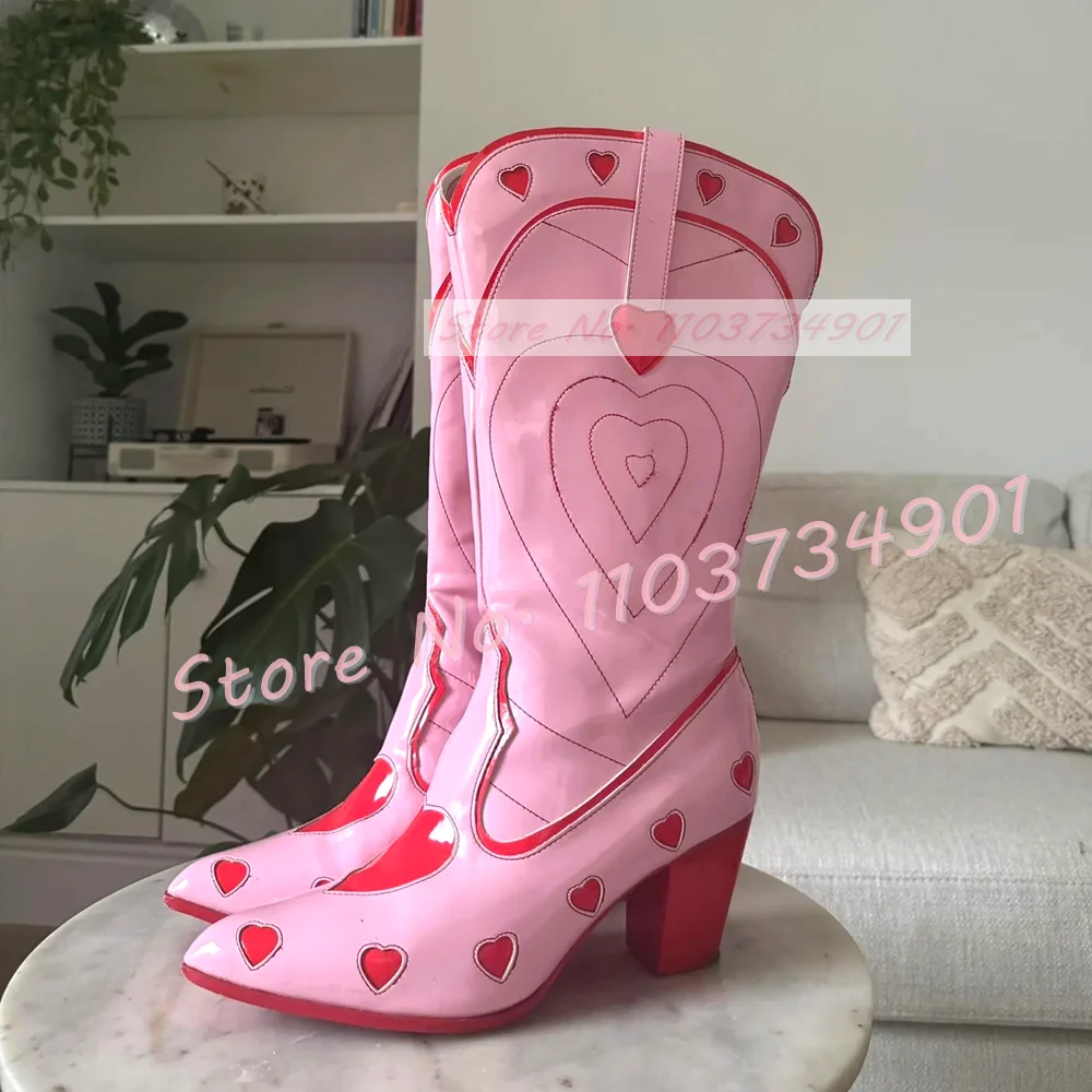 Pink-Heart-Decals-Western-Mid-Boots-Women-Novelty-Pointy-Toe-Block-High ...