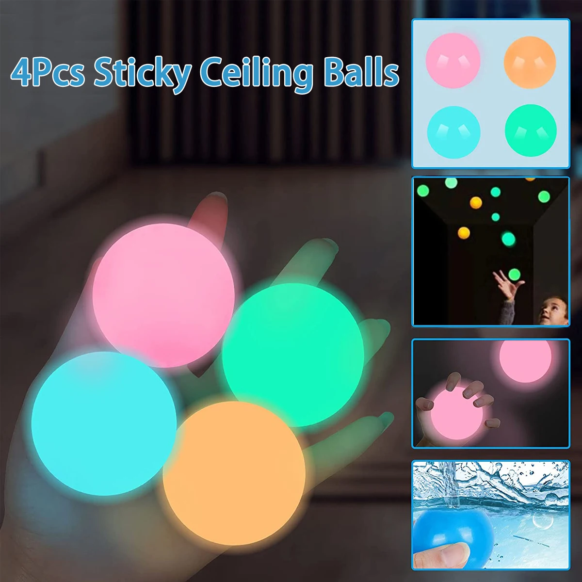 4Pcs Glow in The Dark Ceiling Balls Luminous Sticky Wall Balls Squishy ...