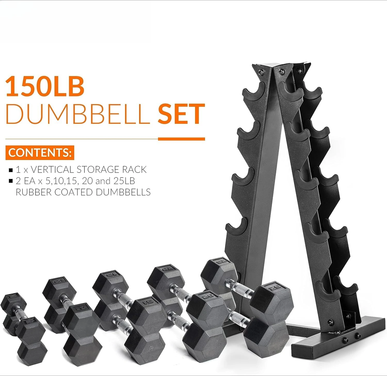 150 LB Coated Hex Dumbbell Weight Set with Vertical Rack, Black ...