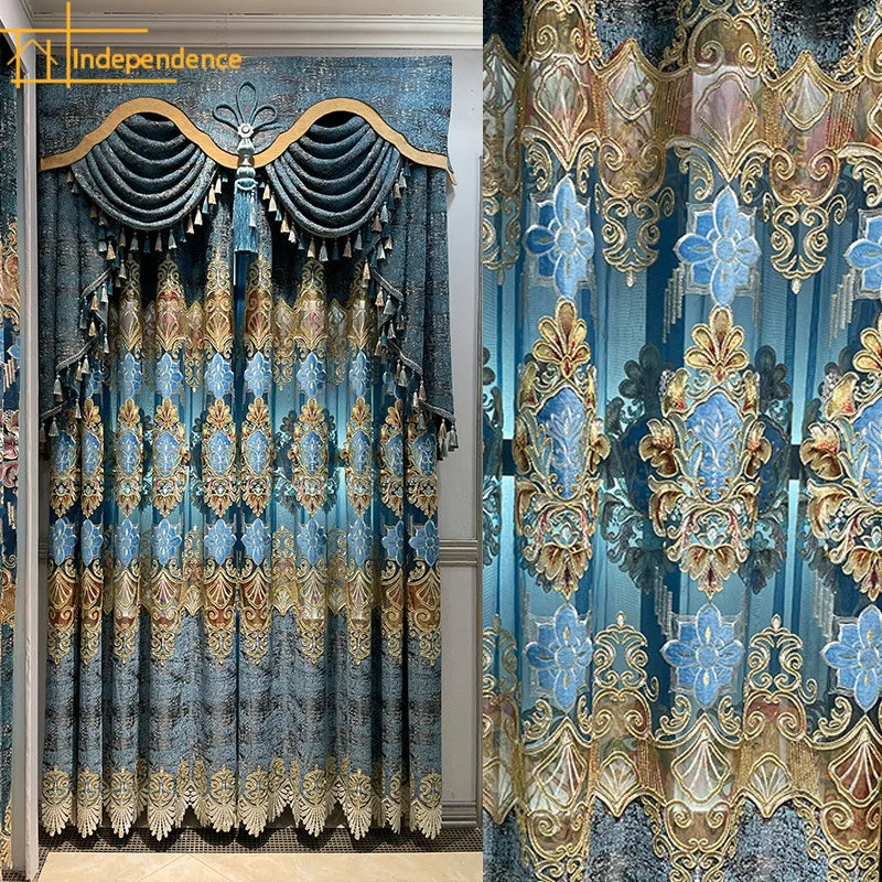 High-end-Blue-Chenille-Hollowed-Out-Embroidered-Window-Curtains-for ...