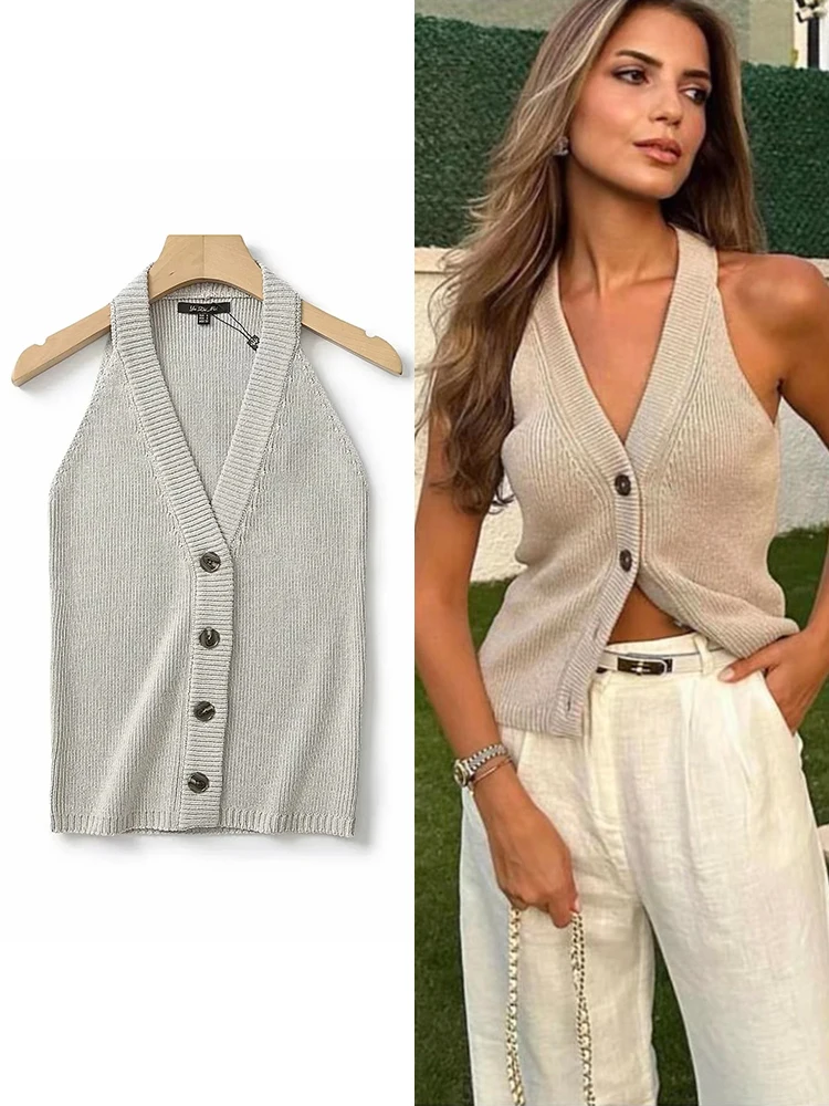 ZABA-Mujeres-V-Cuello-Chaleco-de-punto-sin-mangas-Chaqueta-Cardigan ...