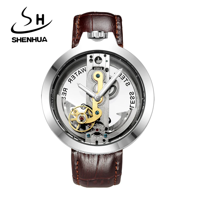 SHENHUA Luxury Genuine Leather Strap Transparent Men Skeleton Automatic ...