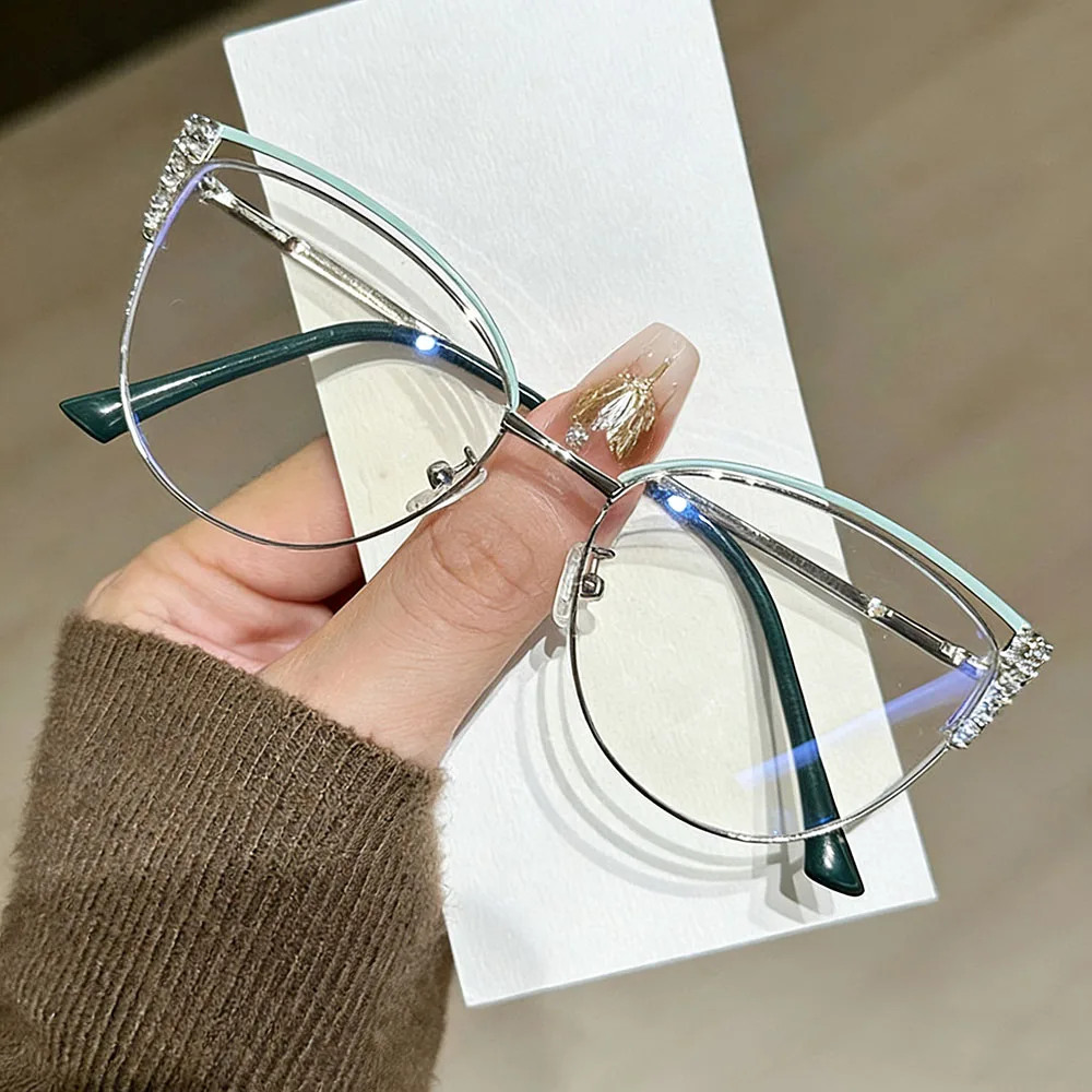 Fashion Women Exquisite Diamond Studded Metal Cat Eye Eyeglass Frame ...