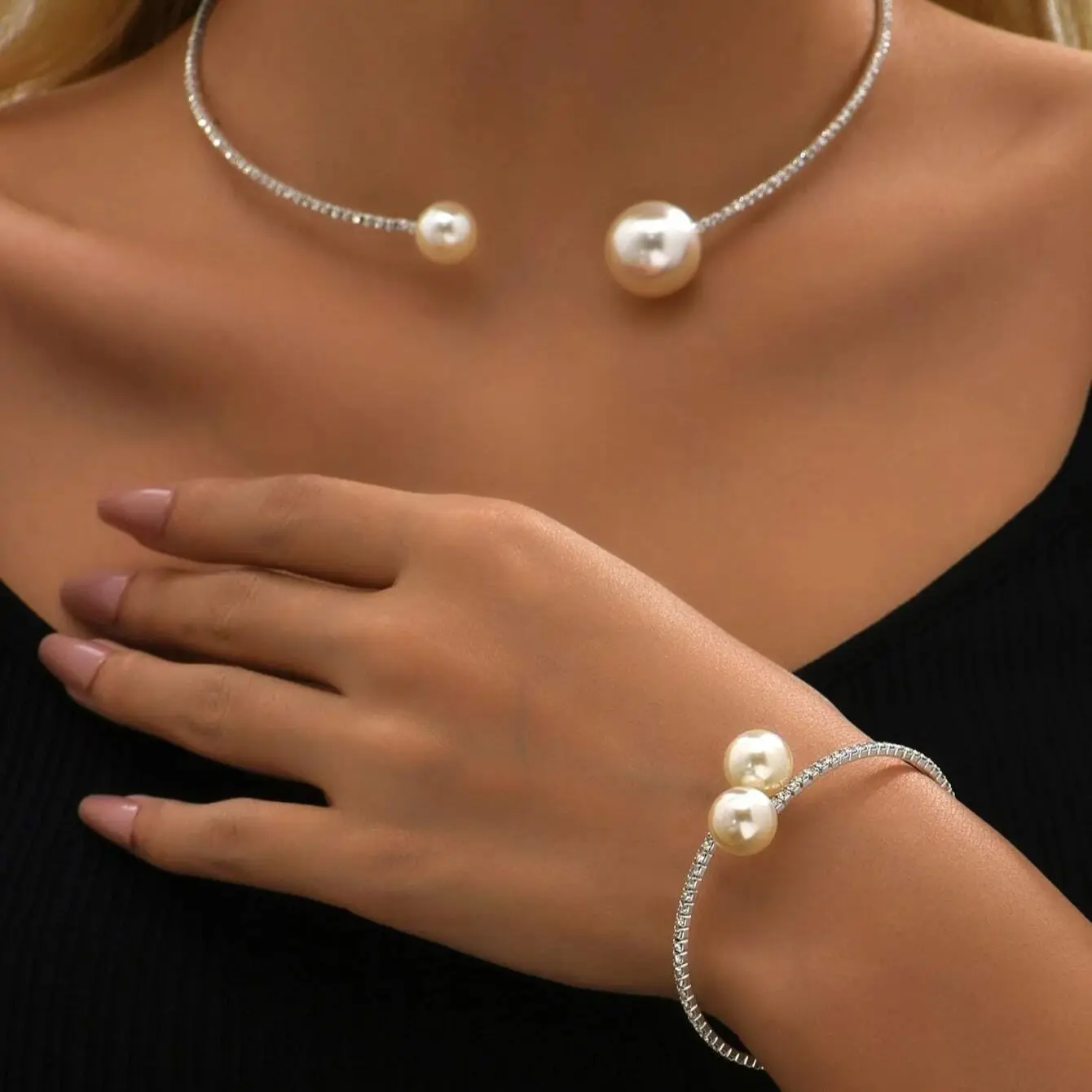 Fashion-Simple-Imitation-Pearl-Opening-Necklace-Choker-Bracelet-Bangle ...