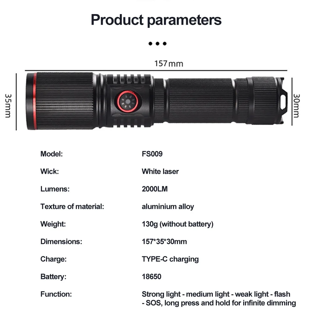 Aluminum Alloy White Laser Powerful LEP Flashlight 18650 or 21700 Batt ...
