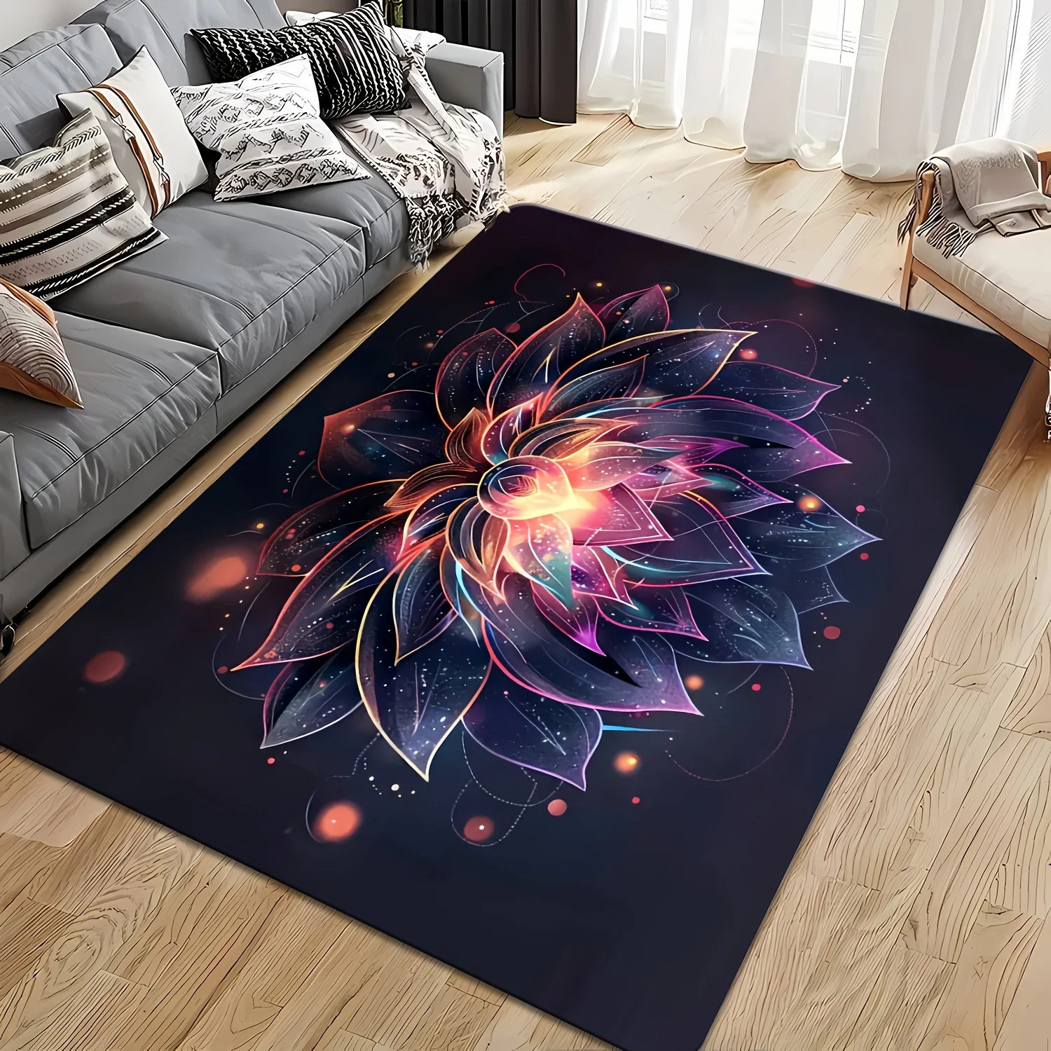Flannel Printed Cosmic Lotus Rug Glowing Flower Design Soft Fleece ...