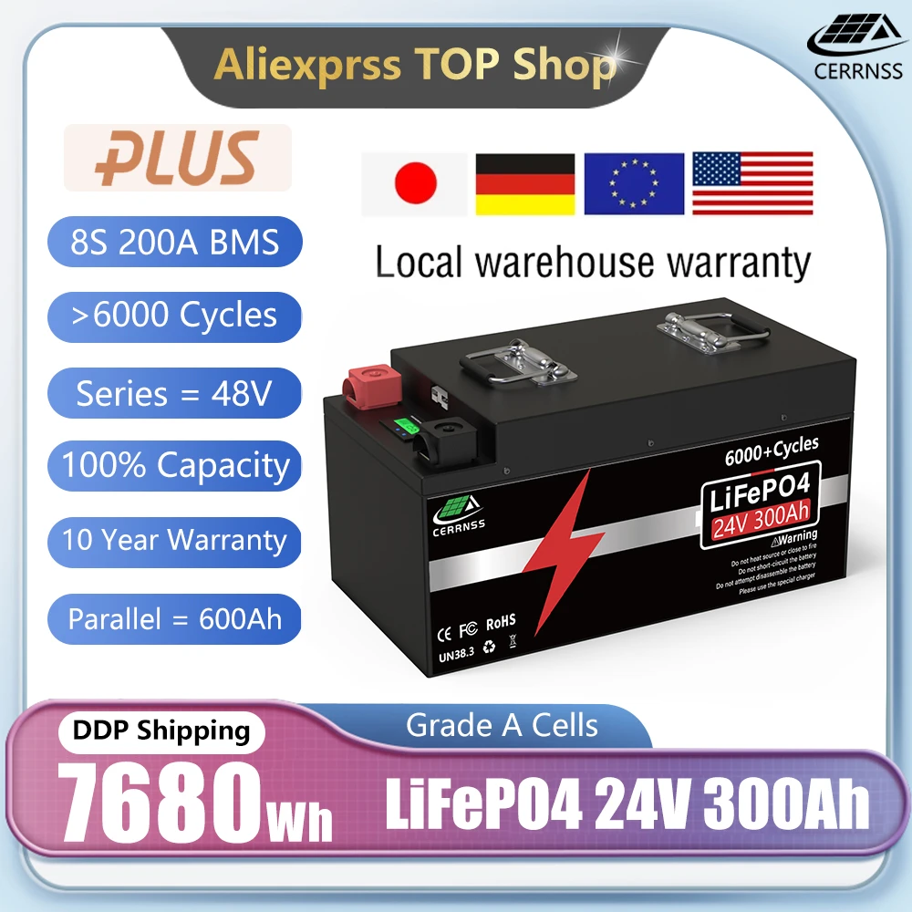 24V 300Ah/200Ah/100Ah LiFePO4 Battery 7KW 6000+ Cycles Grade A Cells ...
