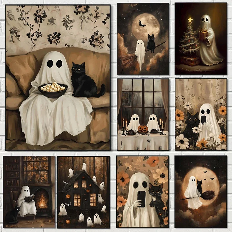 Retro Poster Canvas Paintings Autumn Halloween Cute Ghost Dark Scary ...