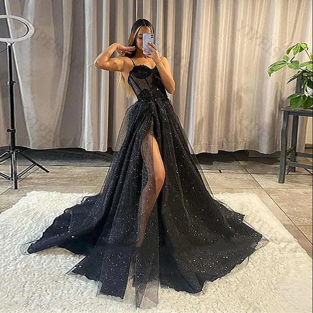 Sparkly-Tulle-Prom-Vestido-de-noite-Lace-Spaghetti-Strap-Party-Dresses ...