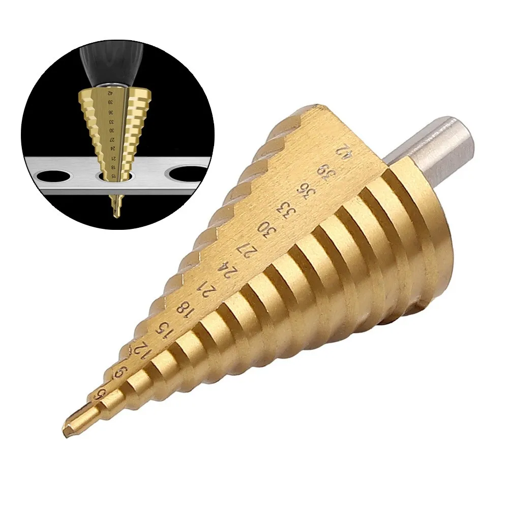 HSS Step Cone Drill Bit 4-42mm Round Handle Titanium Plated Hole Cutter ...