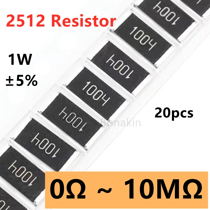 20pcs-2512-1W-5-SMD-Resistor-10R20R22R100R120R200R330R470R510R1K1-5K2-2K3-3K4-7K5 ...