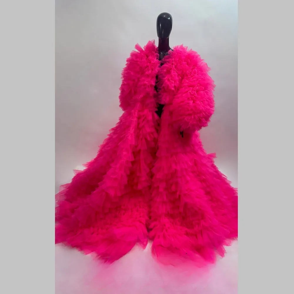 Amazing Fuchsia Ruffles Layered Tulle Long Jacket Women Formal Jacekt ...