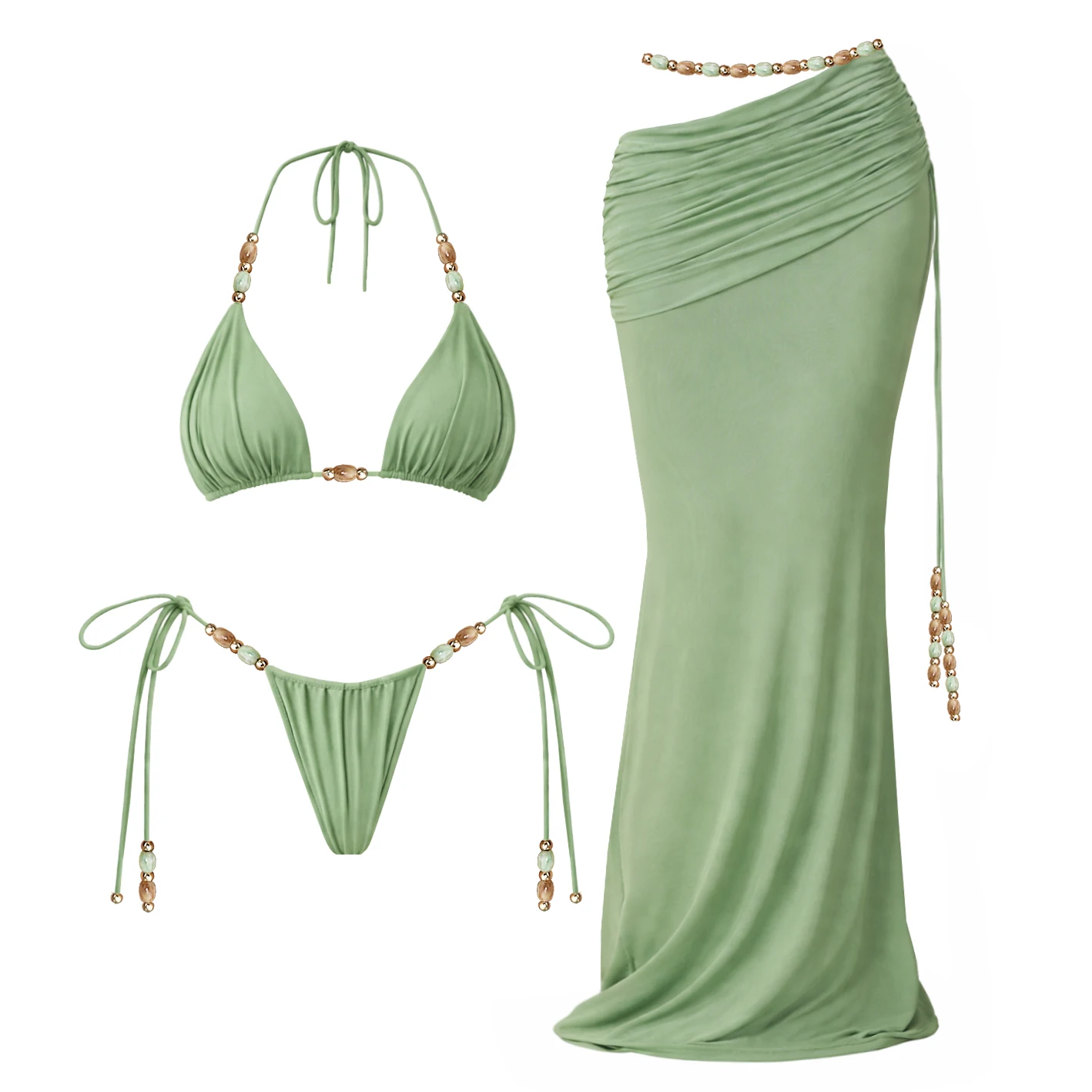 Beads 3Pcs Green Bikini Sexy Women Bandeau Biquini Female Swimsuit Push ...