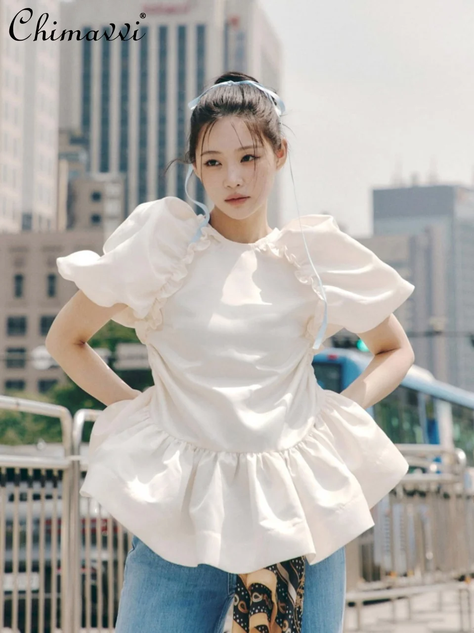 Japanese-Style-Retro-Puffy-Puff-Sleeve-French-Girl-Glossy-Ruffled-Women ...
