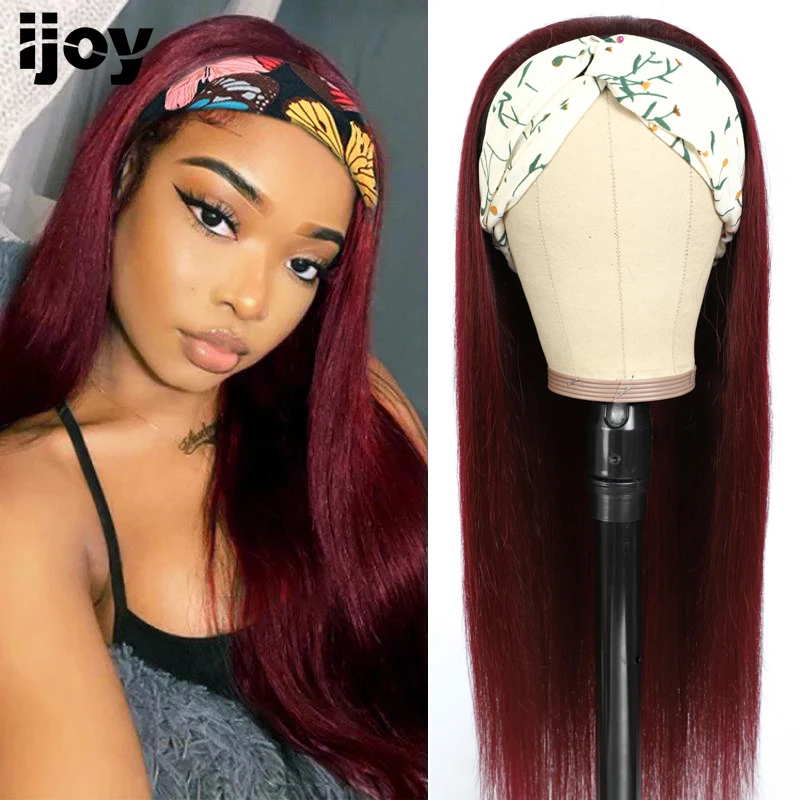 Headband-Wig-Human-Hair-Wig-Straight-Hair-Colored-99J-Maroon-Red-Long ...