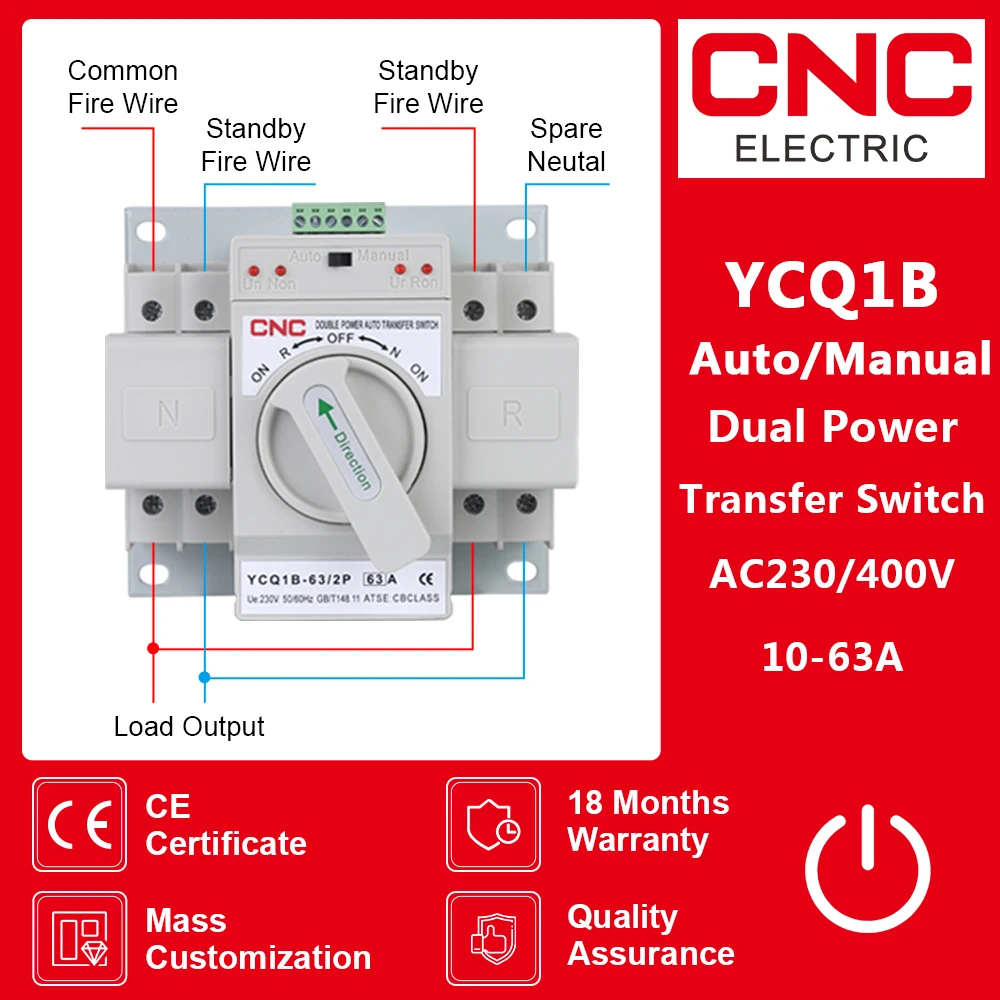 CNC YCQ1B-63 Dual Power Automatic Transfer Switch MCB AC230V 2P 63A Auto/Manual Switching ...