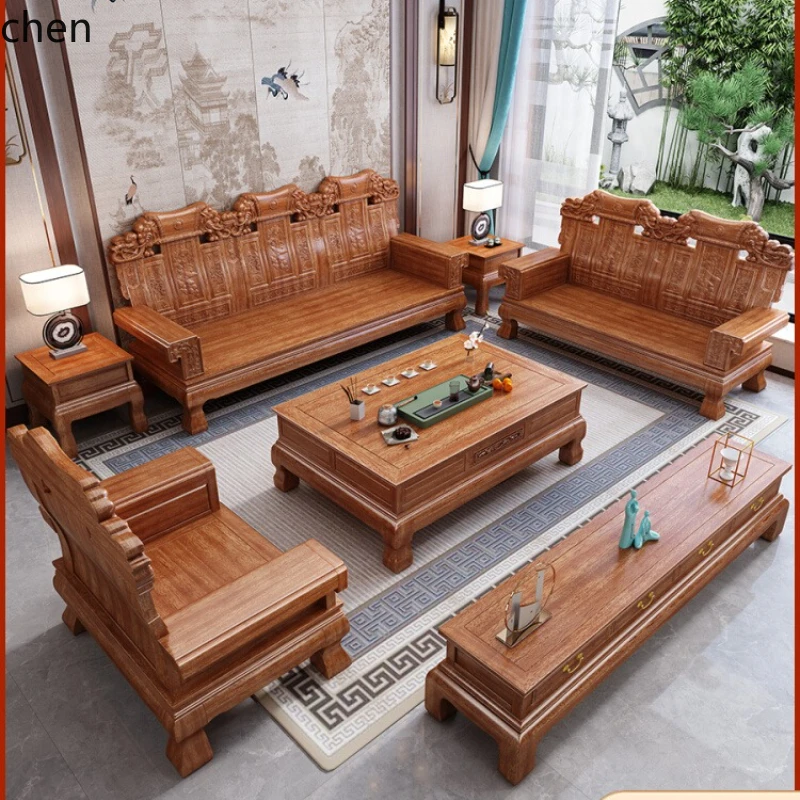 HTT sofa combination Chinese antique carved log rural pineapple grid ...