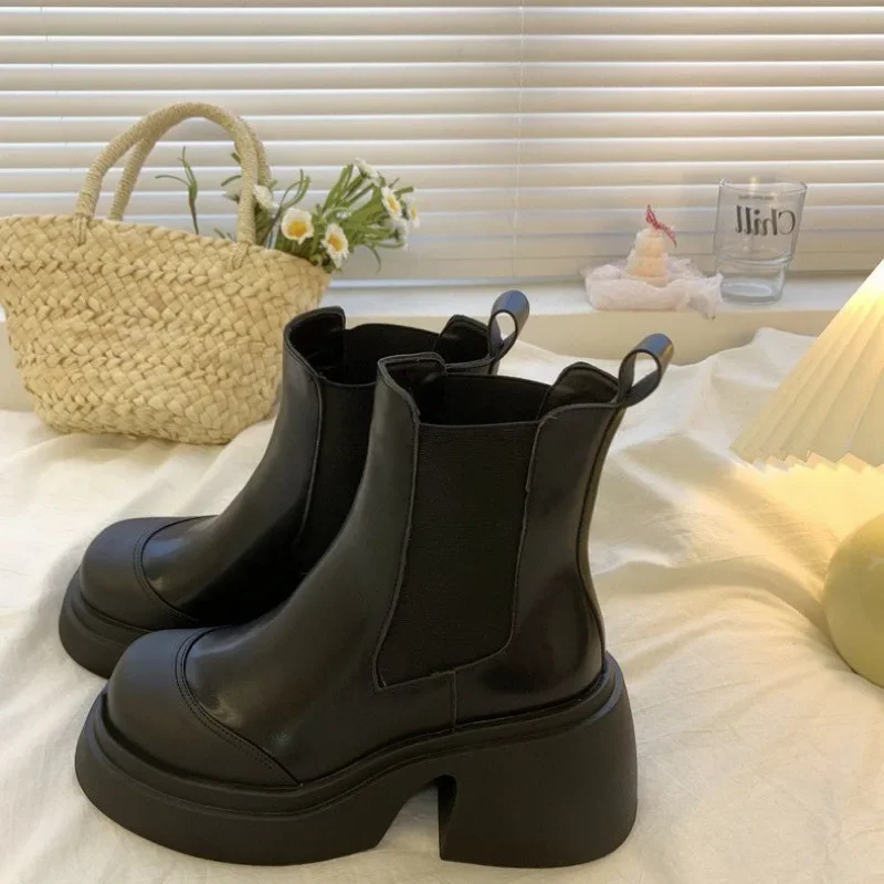 Botas-cortas-de-punta-gruesa-para-mujer-zapatos-de-tac-n-alto-vers-til ...