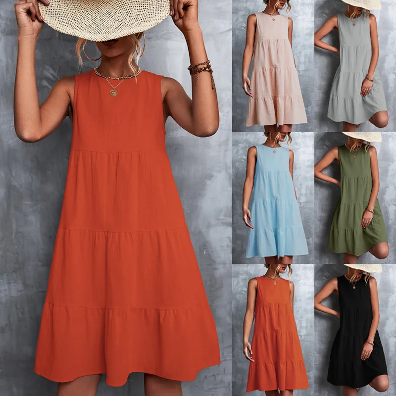 Women-Dress-Solid-Color-Dress-Round-Sleeveless-Tank-Dress-Casual-Street ...