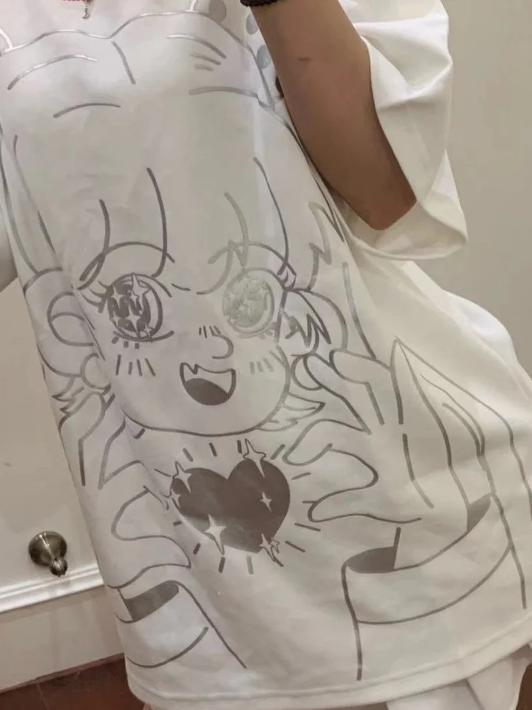 ADAgirl Anime White Cotton Short Sleeve Tshirts Kawaii Cartoon Graphic ...