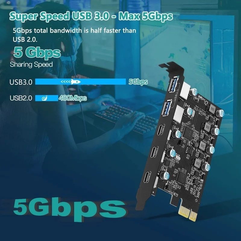 Tarjeta USB 3,0 PCIe X1 A USB con 5 puertos 5gbps (2 USB A + 3 tipo C ...