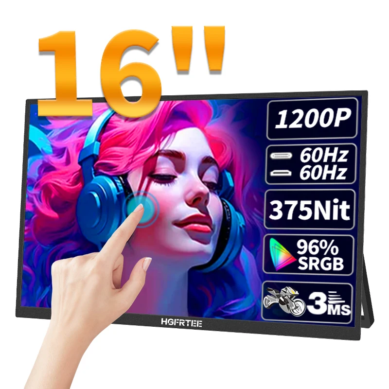 HGFRTEE 16inch Touch Portable Monitor 16:10 96%sRGB 350Cd/m² Second ...